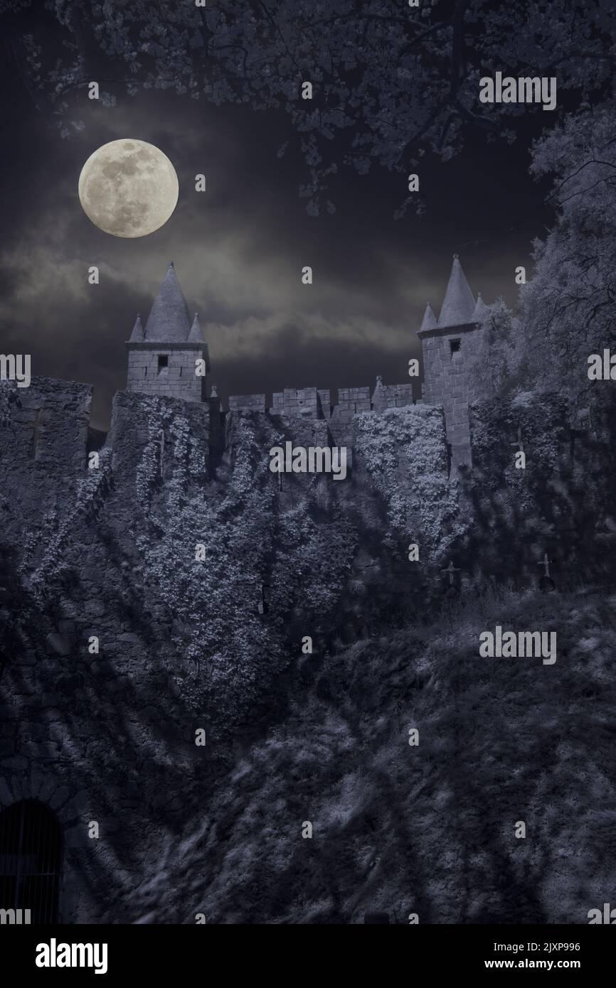 Old medieval castle in a cloudy full moon night Stock Photo - Alamy