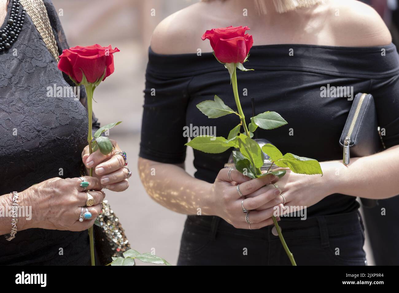Women are seen holding roses at a Red Rose rally, outside the Qld ...