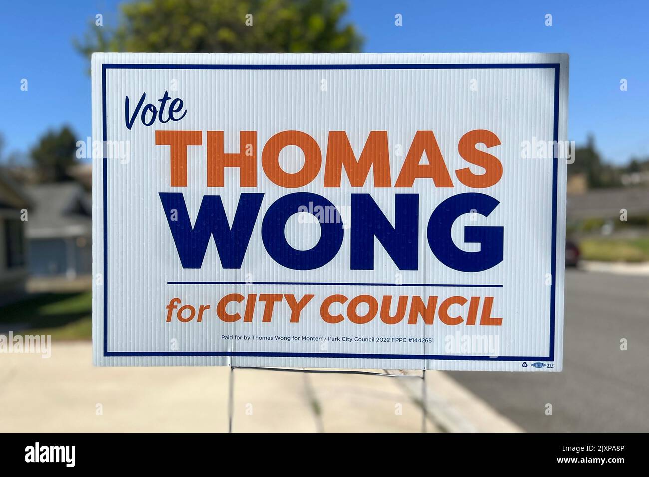 A campaign sign endorsing the election of Thomas Wong for Monterey Park ...