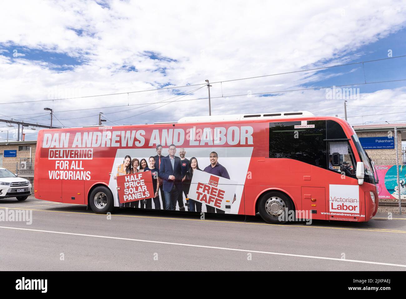 The campaign bus of Victorian Premier Daniel Andrews is seen in ...