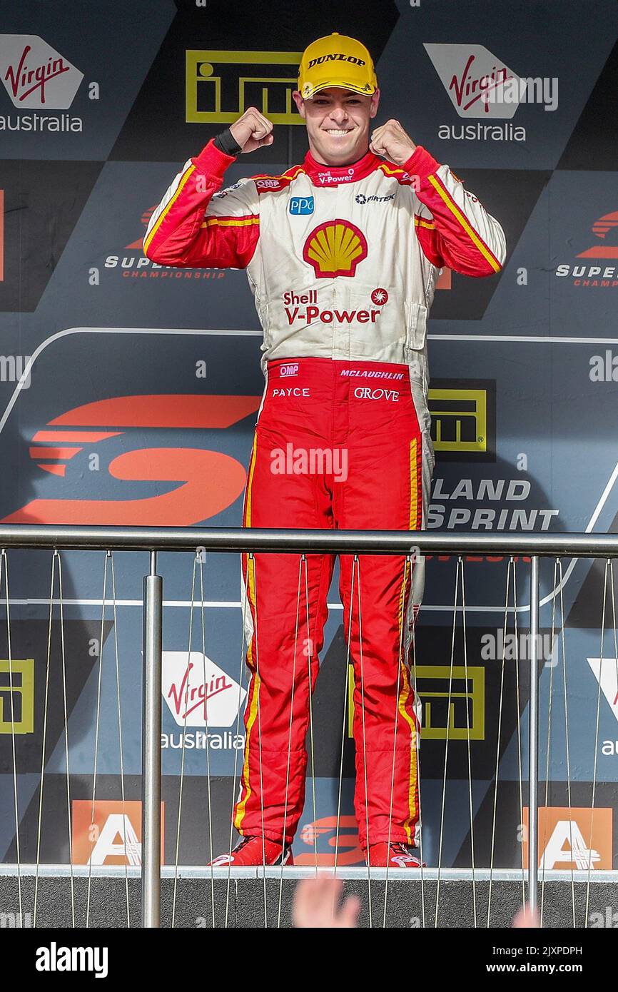 Scott McLaughlin of Shell V-Power Racing Team celebrates driving his ...