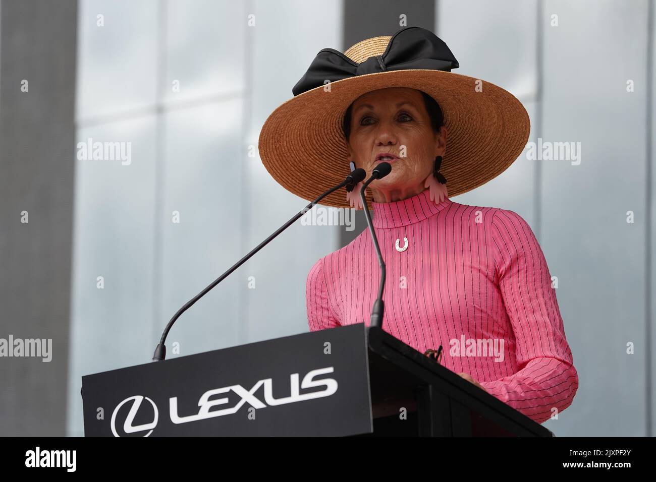 VRC Chairman Amanda Elliott speaks during the Melbourne Cup parade in ...