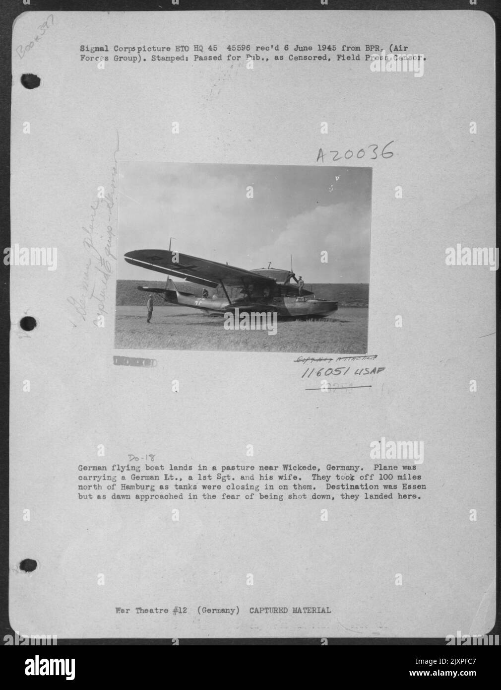 German Flying Boat (Do-18) Lands In A Pasture Near Wickede, Germany ...