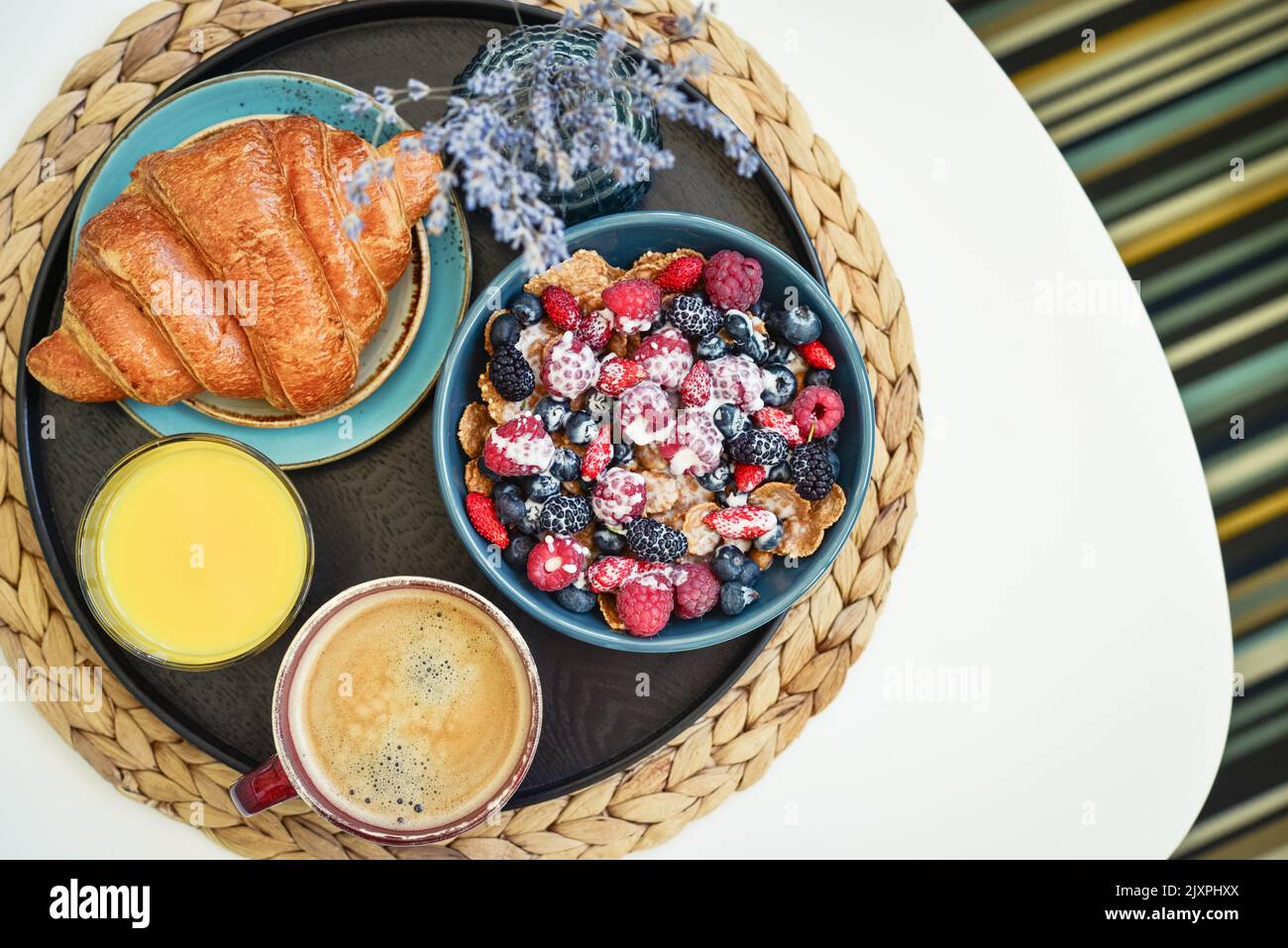 Healthy breakfast with berries, cereals and natural yogurt, coffee ...