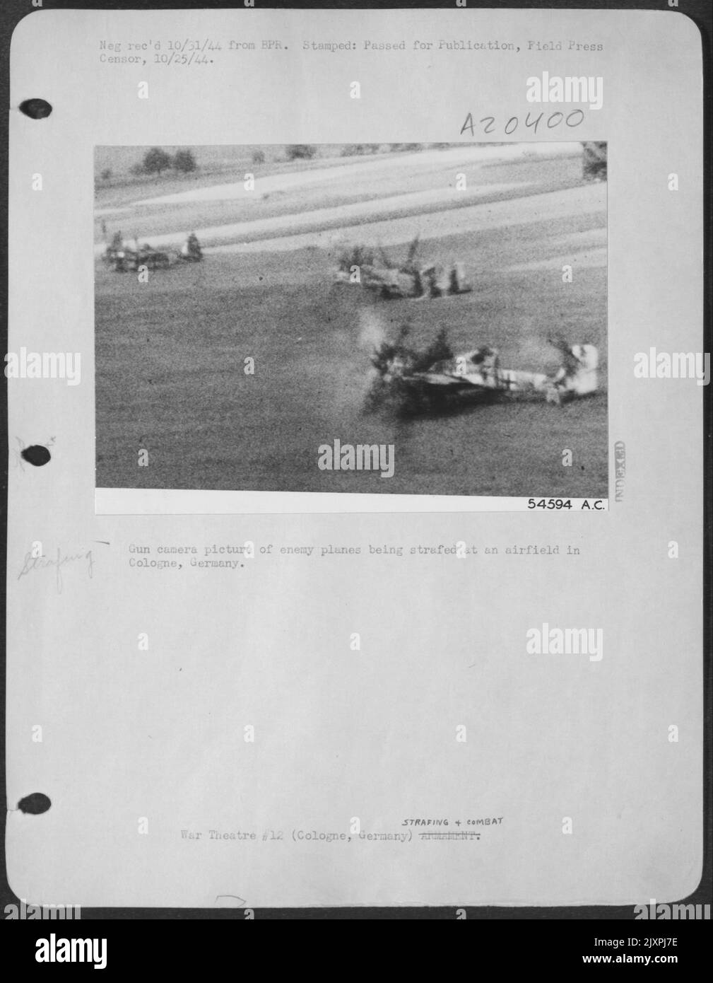 Gun camera picture of enemy planes being strafed at an airfield in ...