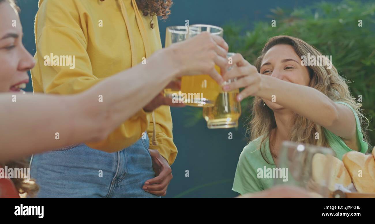 Group of friends celebrating toasting with drinks. Diverse people toast ...