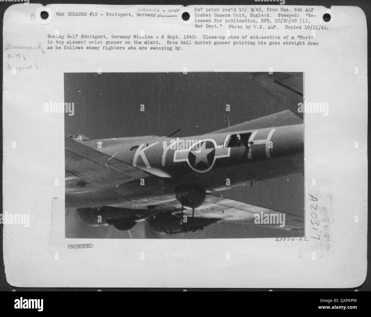 Boeing B-17 Stuttgart, Germany Mission-6 Sept. 1943: Close-up view of ...