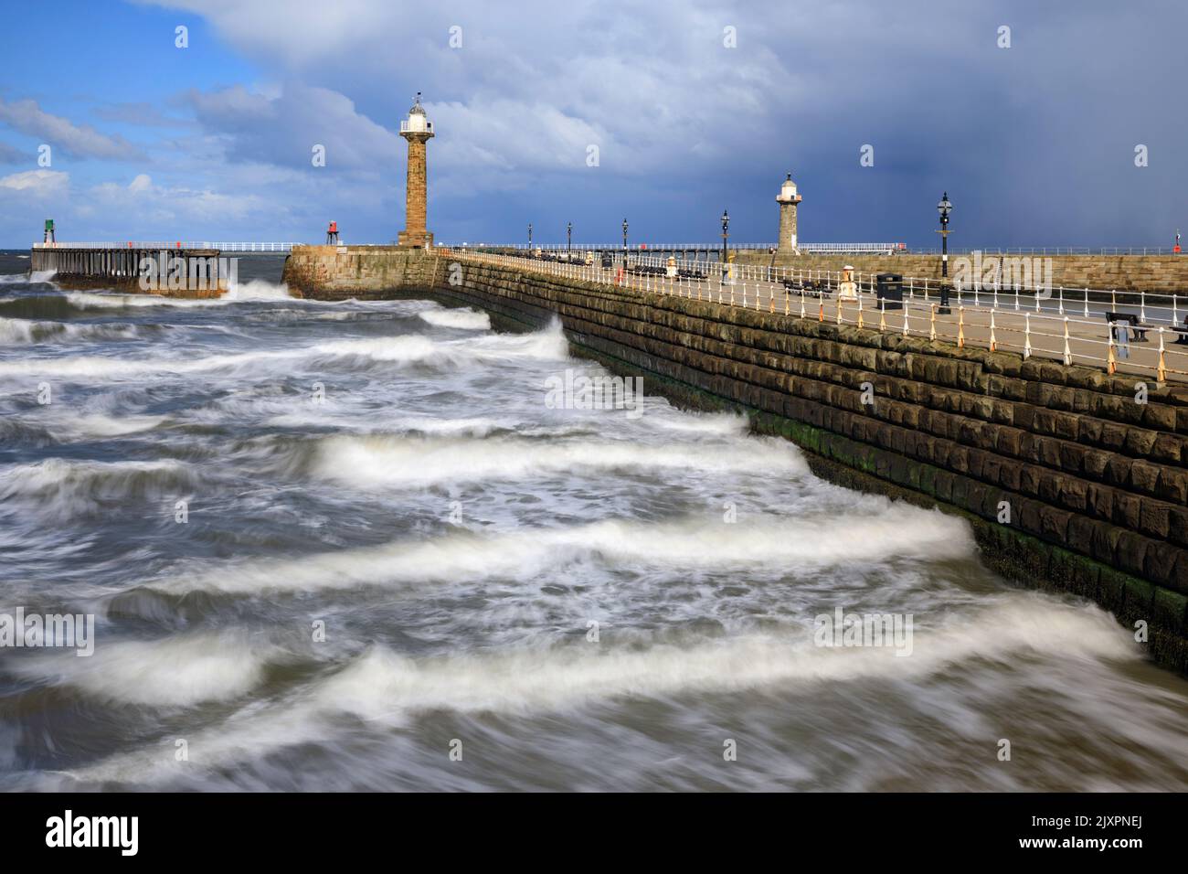 Lighthouses at Whitby in North Yorkshire captured at high tide using a ...