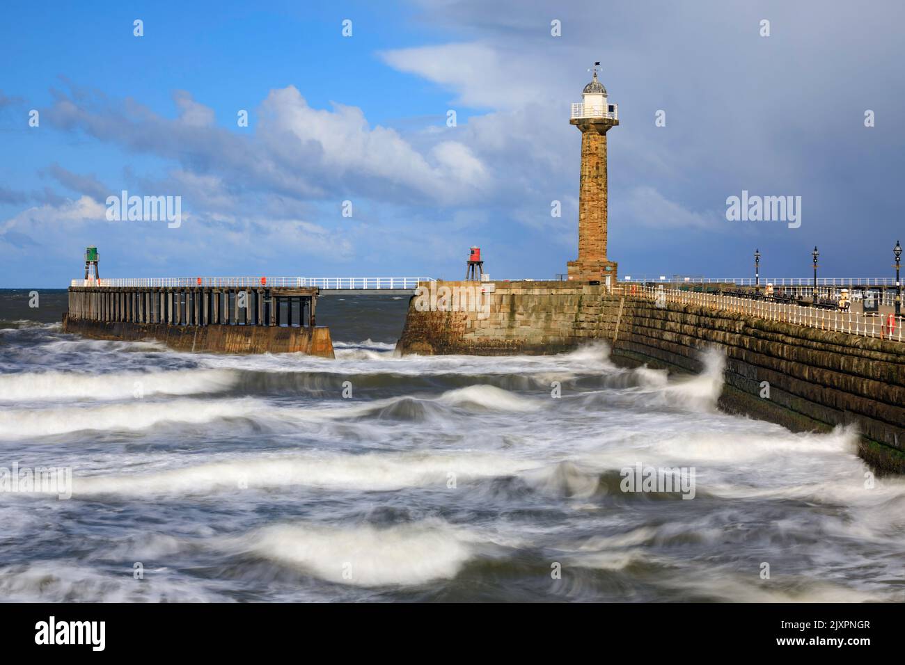 Lighthouses at Whitby in North Yorkshire captured at high tide using a ...