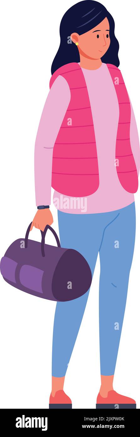 Woman with travel bag. Happy female tourist standing isolated on white background Stock Vector ...