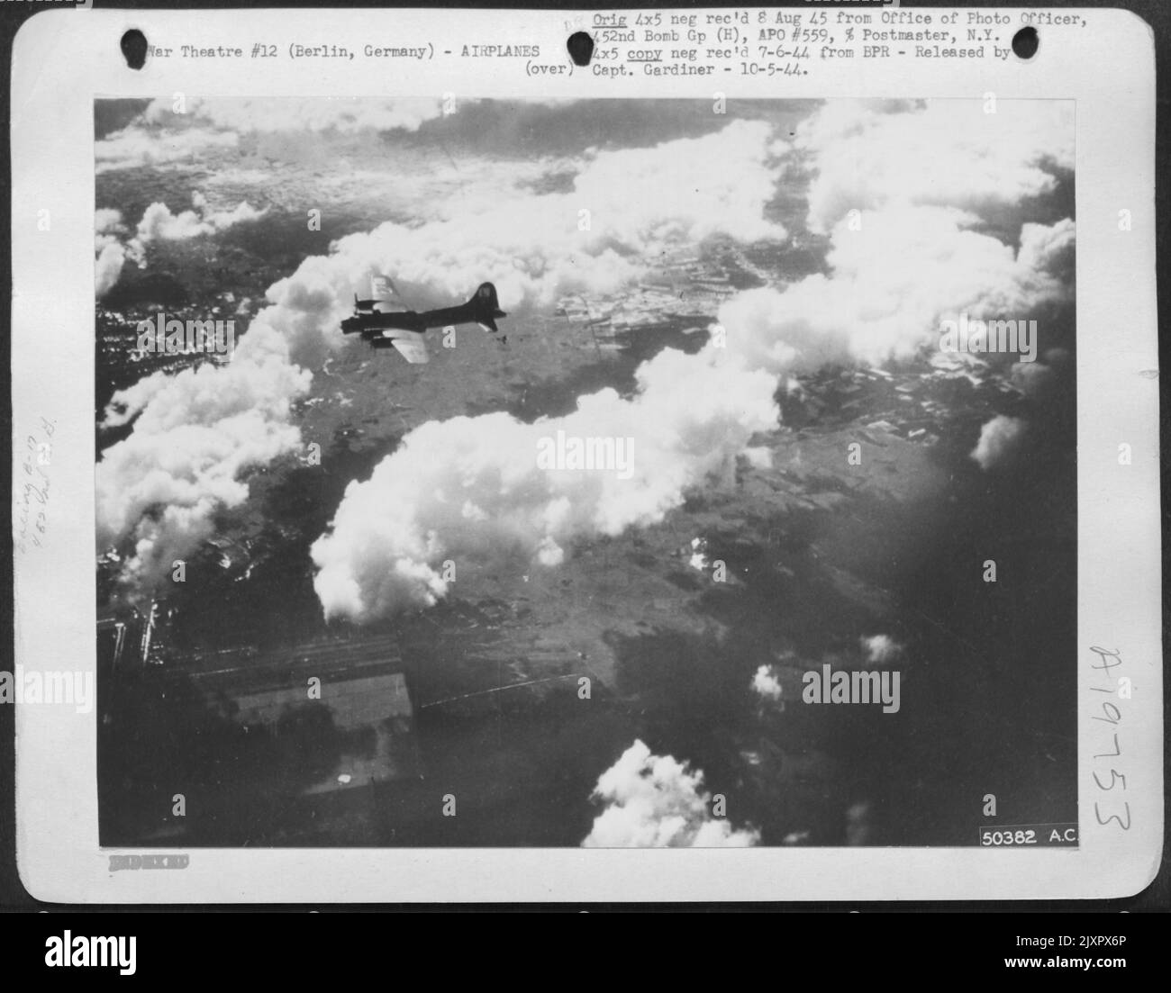 BERLIN, GERMANY-A LONE B-17 FORTRESS OF THE 452ND BOMB GROUP WINGS ITS ...