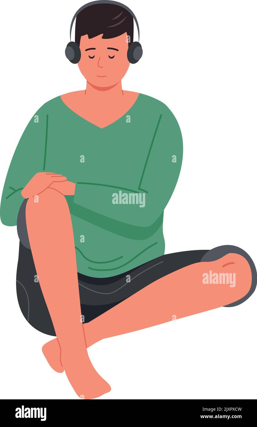 Calm boy listen music in headphones. Guy sit on floor isolated on white ...