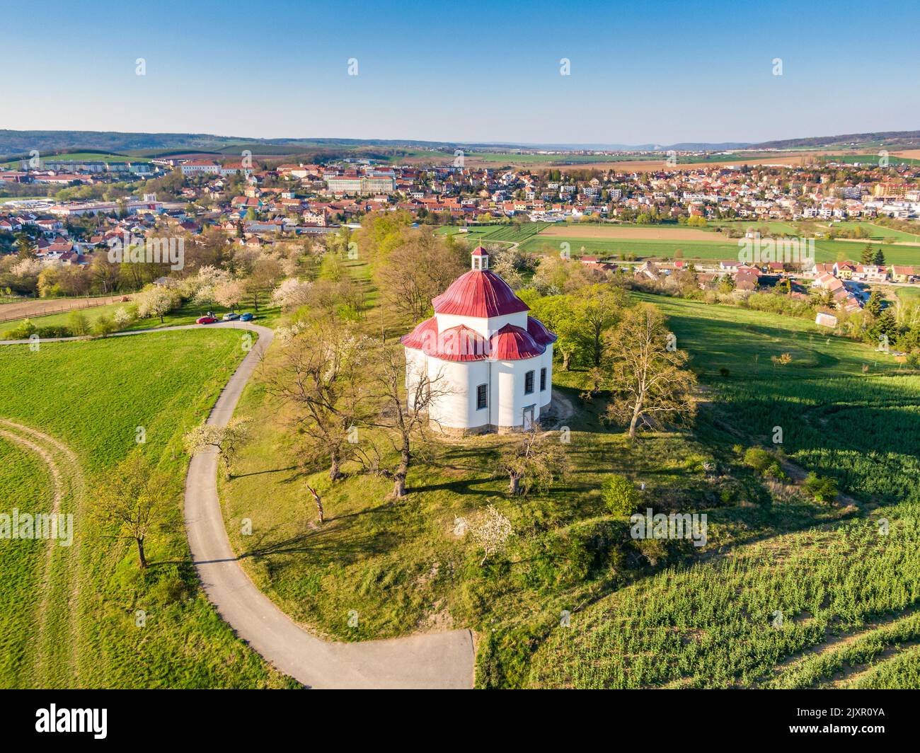 Aerial view of baroque chapel near Rosice city, Czech republic ...
