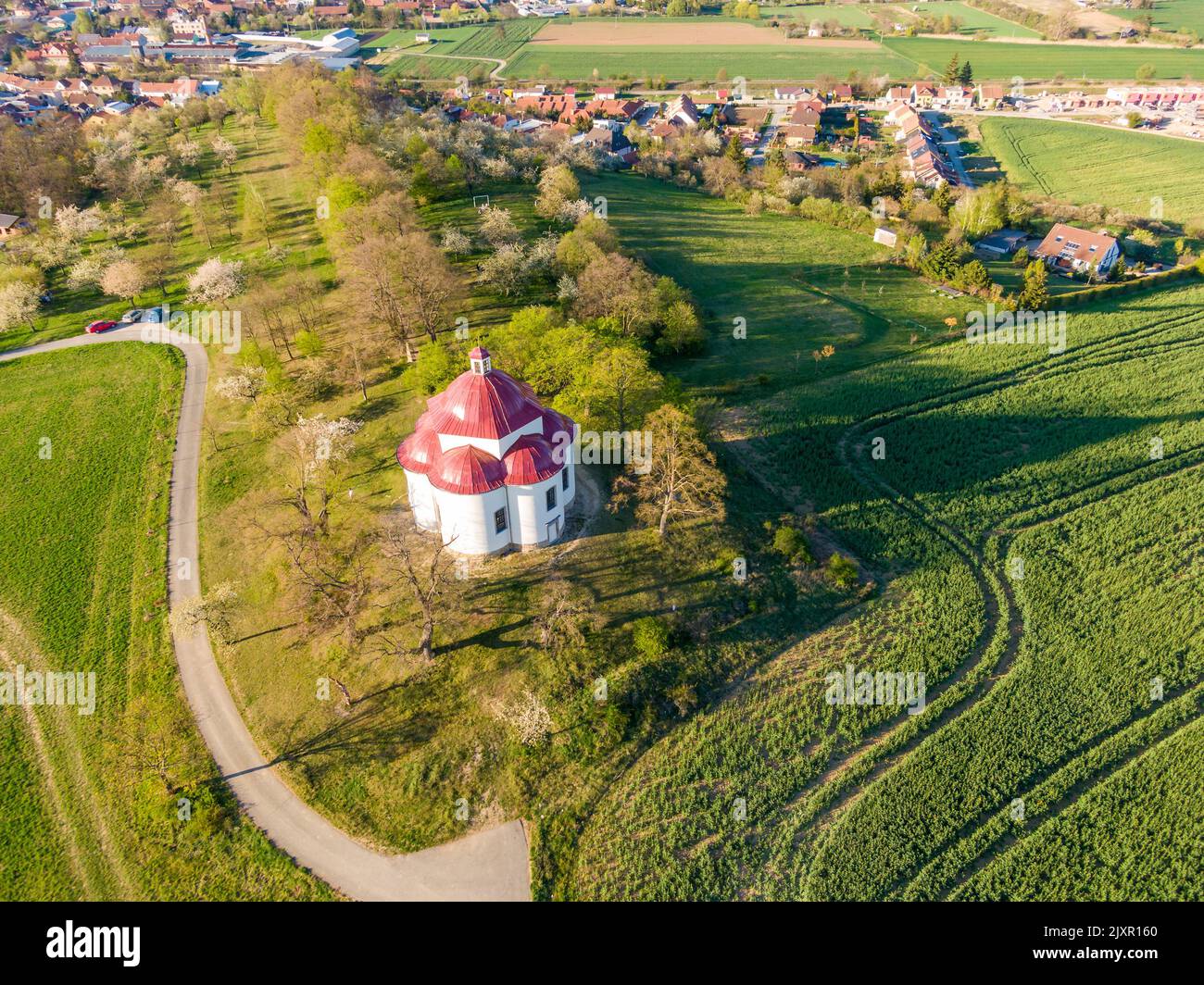 Aerial view of baroque chapel near Rosice city, Czech republic ...