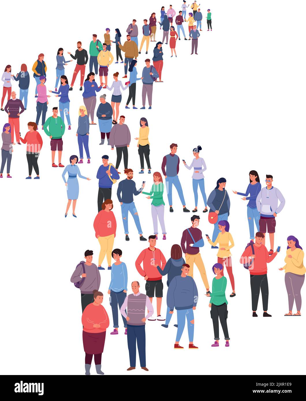 Long queue of people. Men and women standing in crowd isolated on white ...