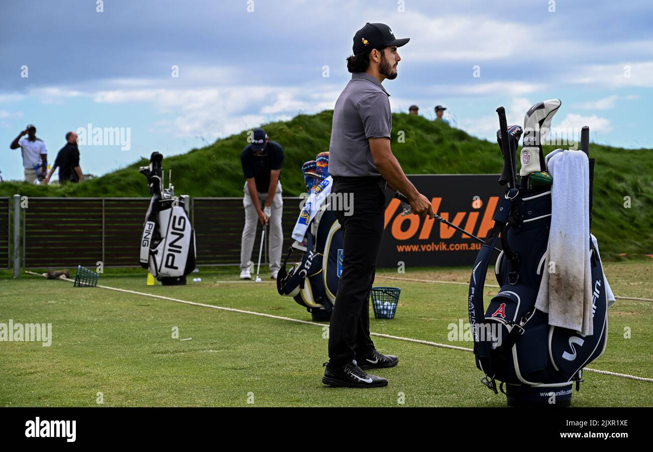 Mexican golfer Abraham Ancer is seen on the practice range during round ...