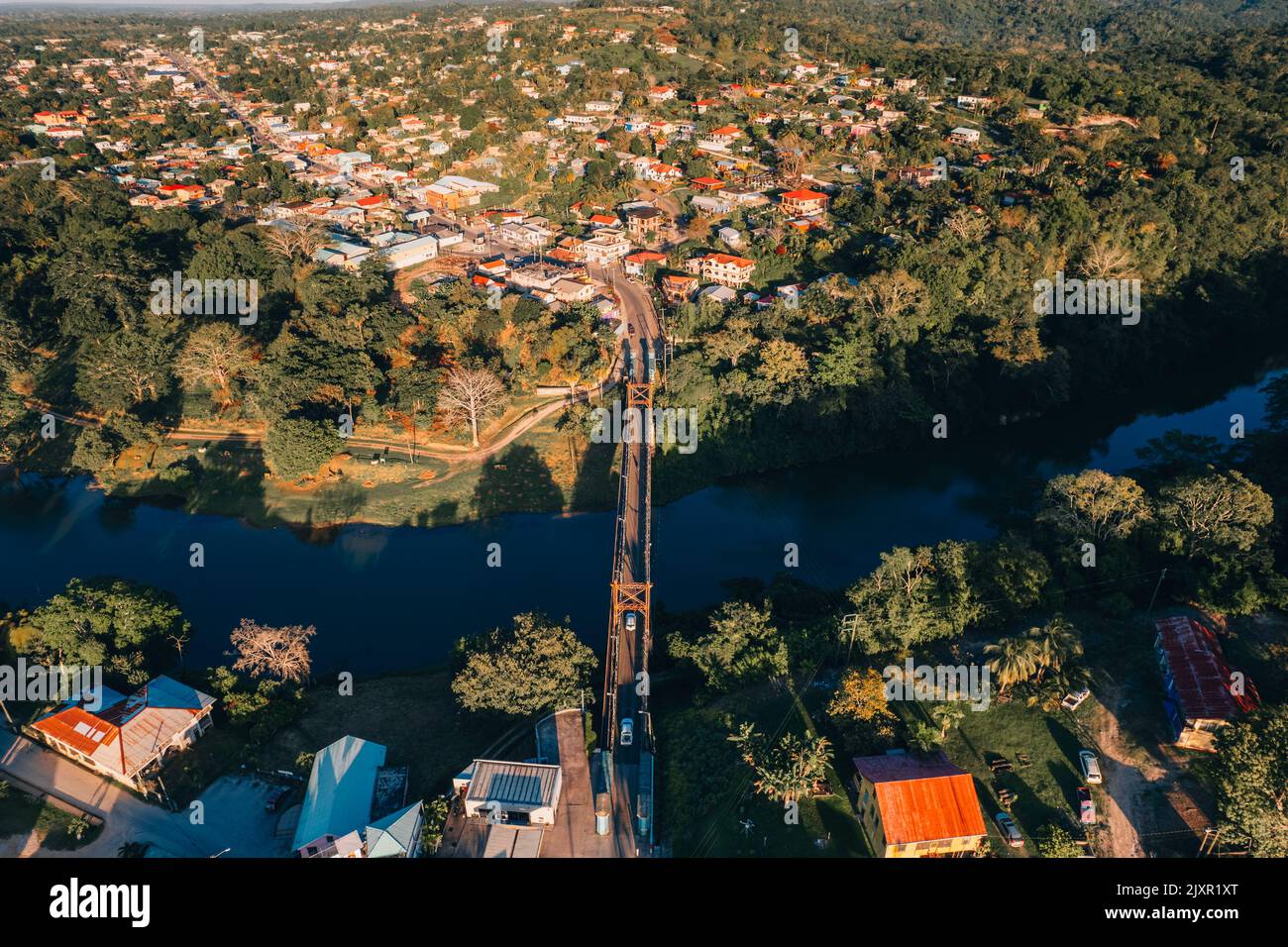 An aerial view of San Ignacio alongside the Macal River Stock Photo - Alamy