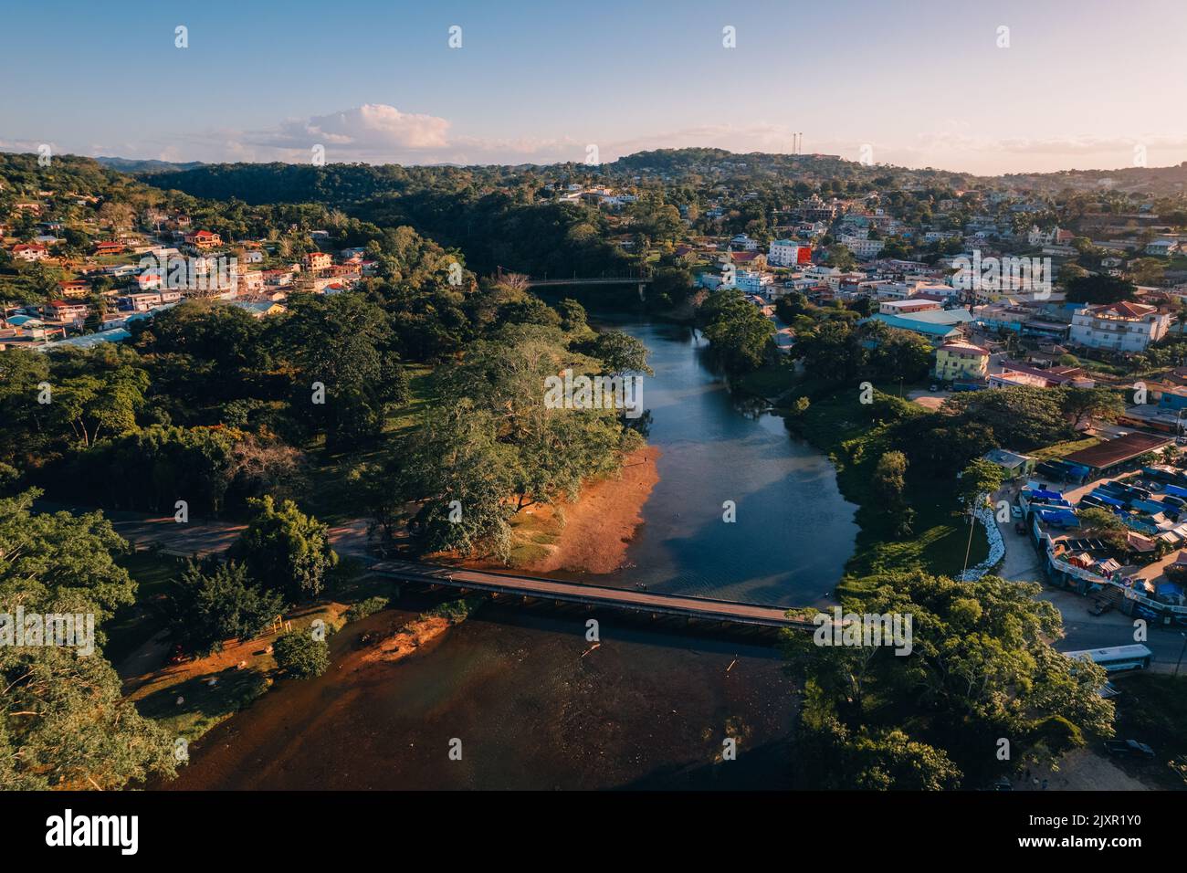 An aerial view of San Ignacio alongside the Macal River Stock Photo - Alamy