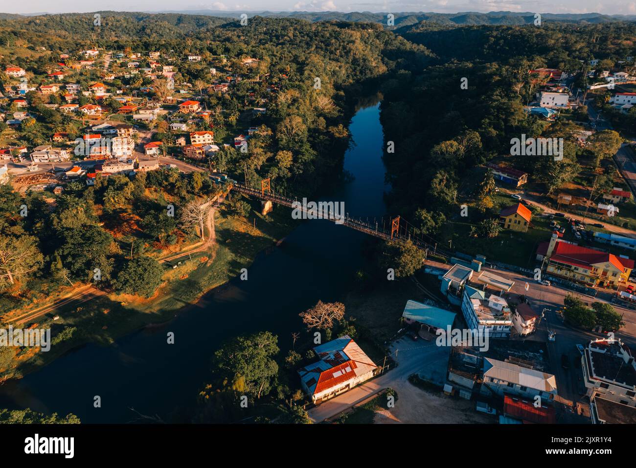 An aerial view of San Ignacio alongside the Macal River Stock Photo - Alamy