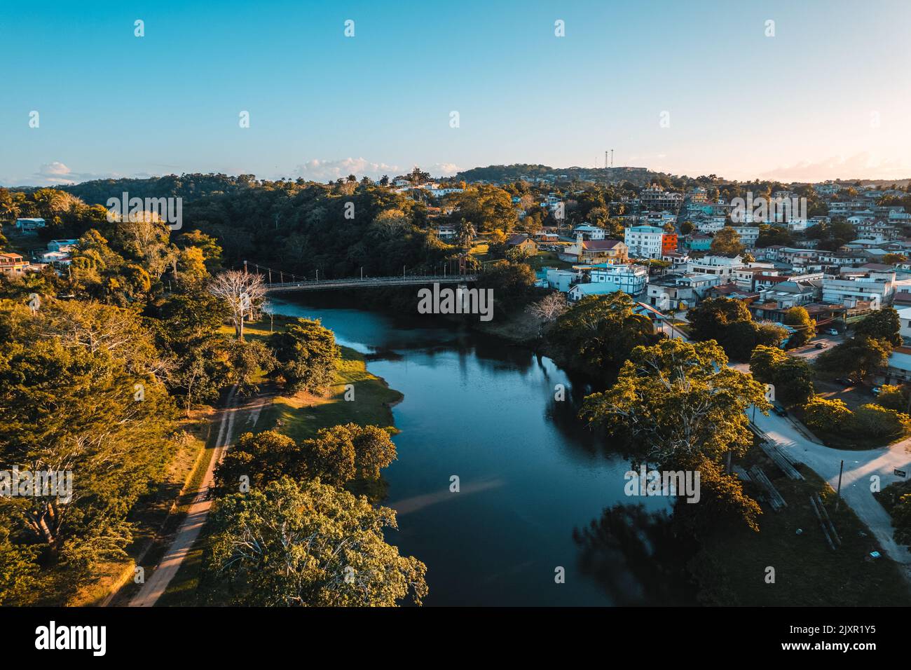 An aerial view of San Ignacio alongside the Macal River Stock Photo - Alamy