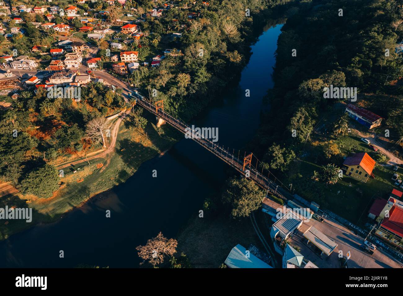 An aerial view of San Ignacio alongside the Macal River Stock Photo - Alamy