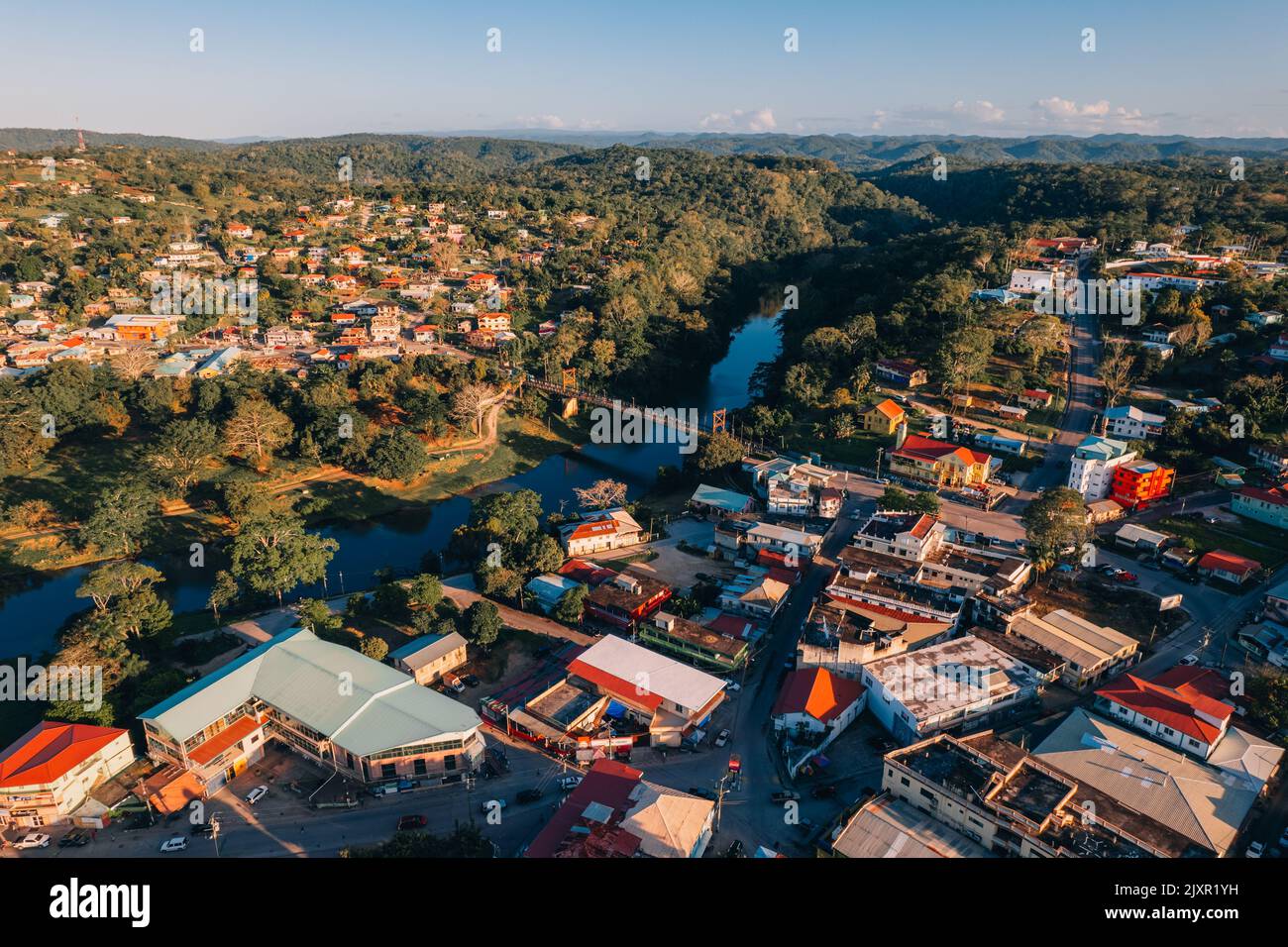 An aerial view of San Ignacio alongside the Macal River Stock Photo - Alamy