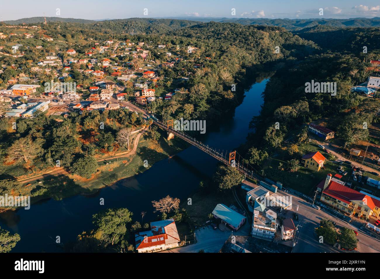An aerial view of San Ignacio alongside the Macal River Stock Photo - Alamy