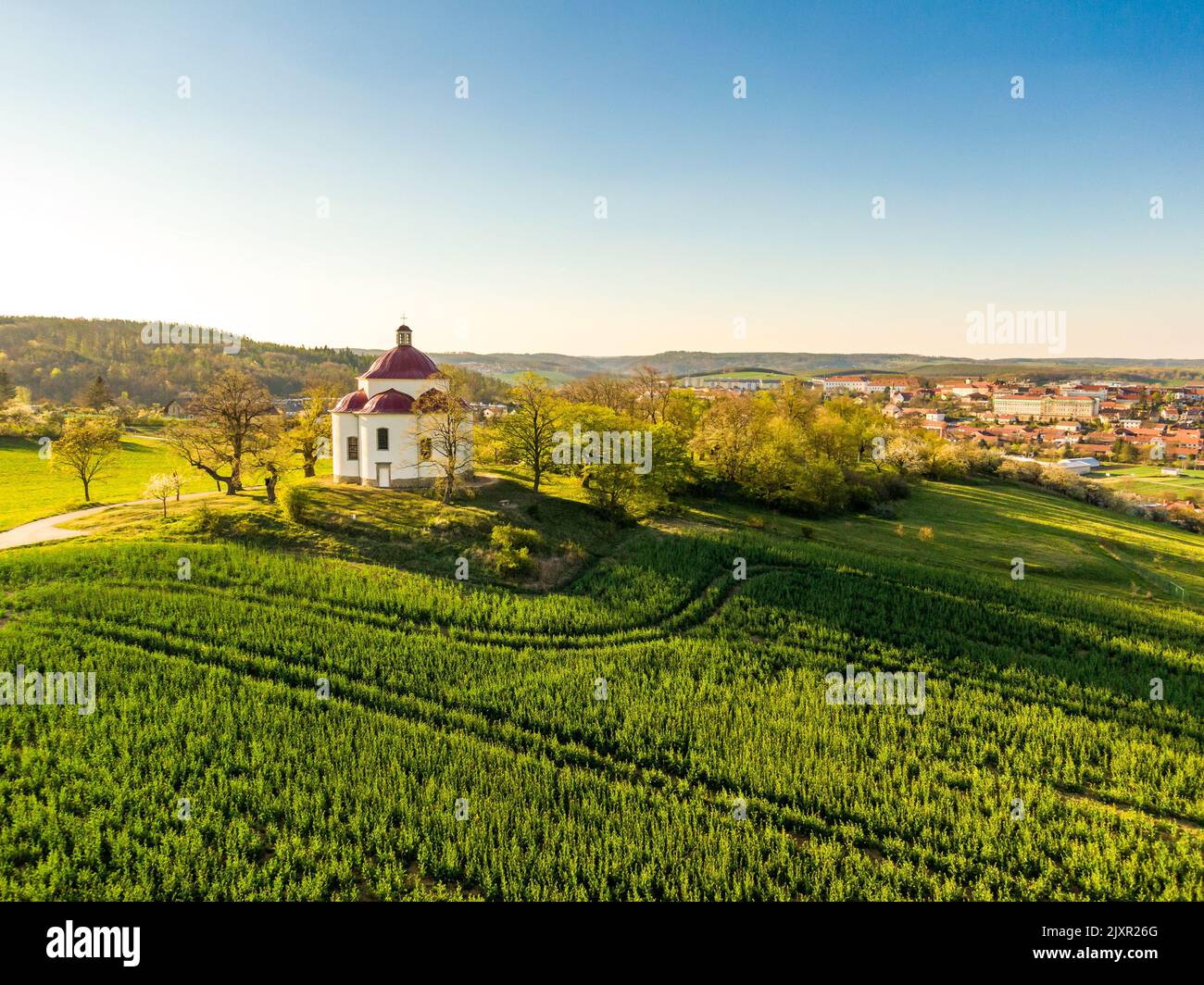 Aerial view of baroque chapel near Rosice city, Czech republic ...