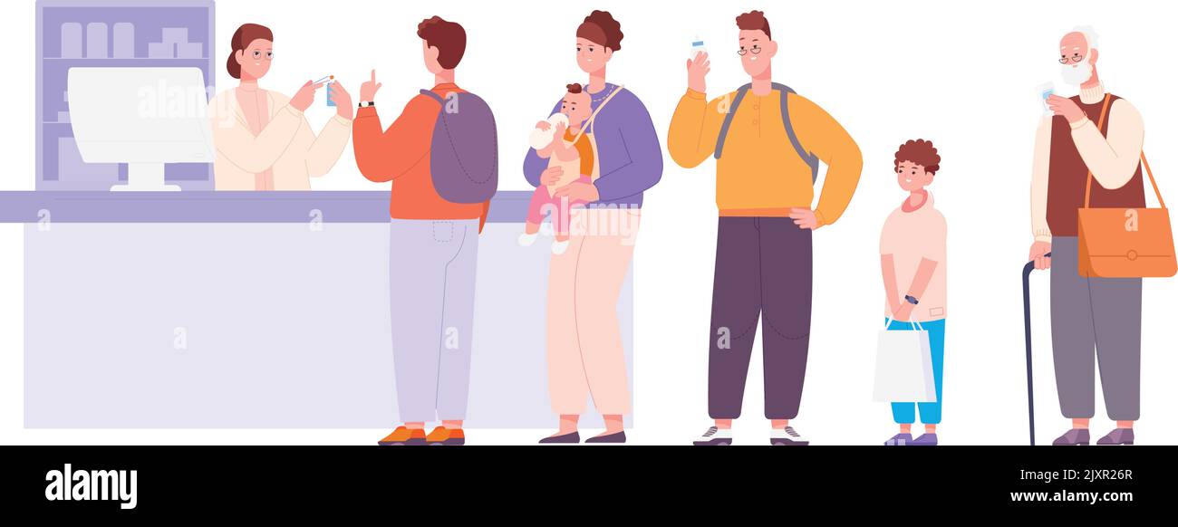 People standing in queue to pharmacy store counter isolated on white ...