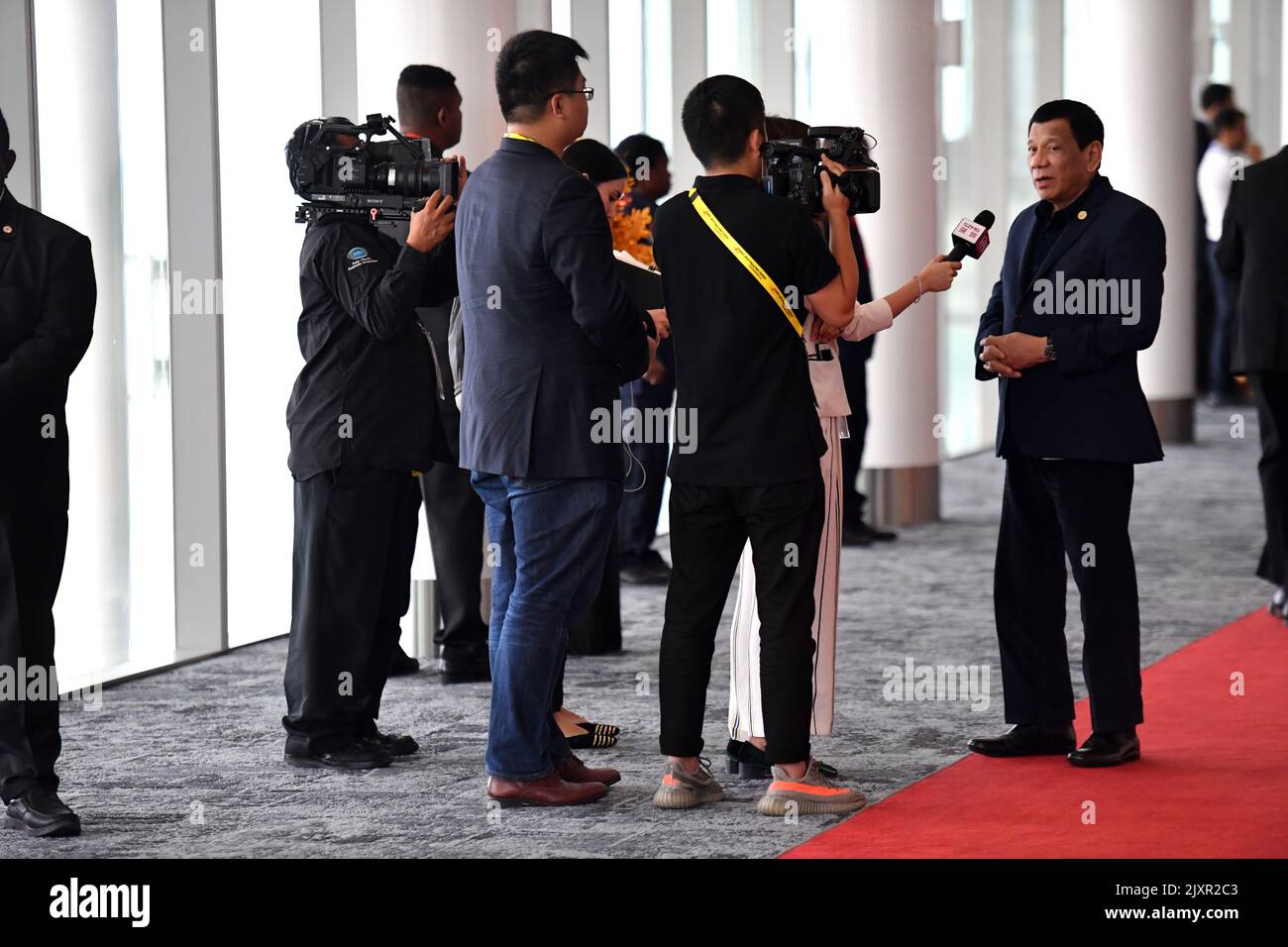 Philippines President Rodrigo Duterte is interviewed by a television ...