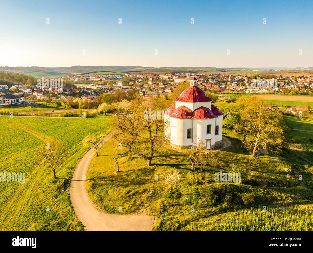 Aerial view of baroque chapel near Rosice city, Czech republic ...