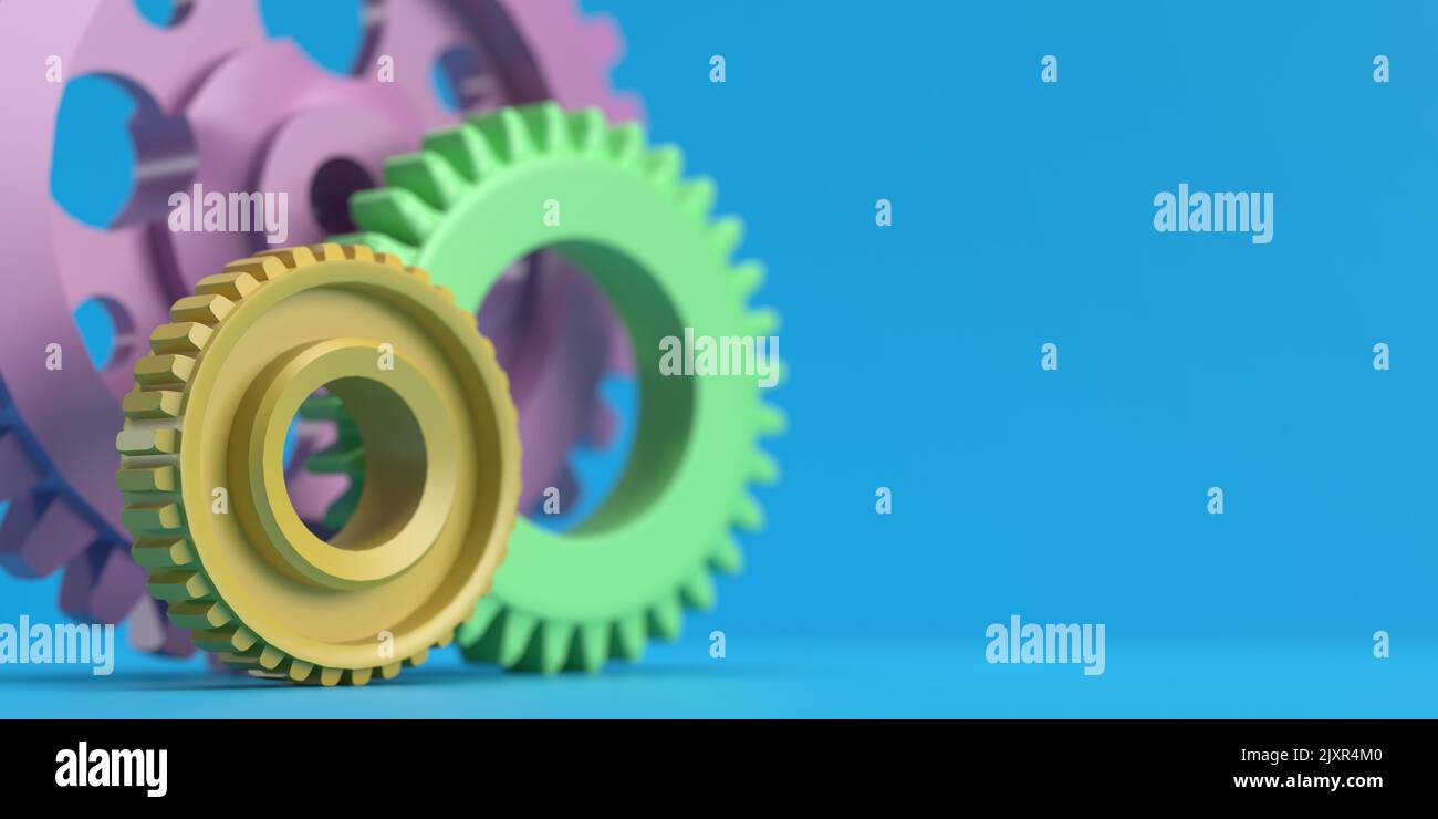 Three pastel colored gear cog icons on blue background, blank copy ...