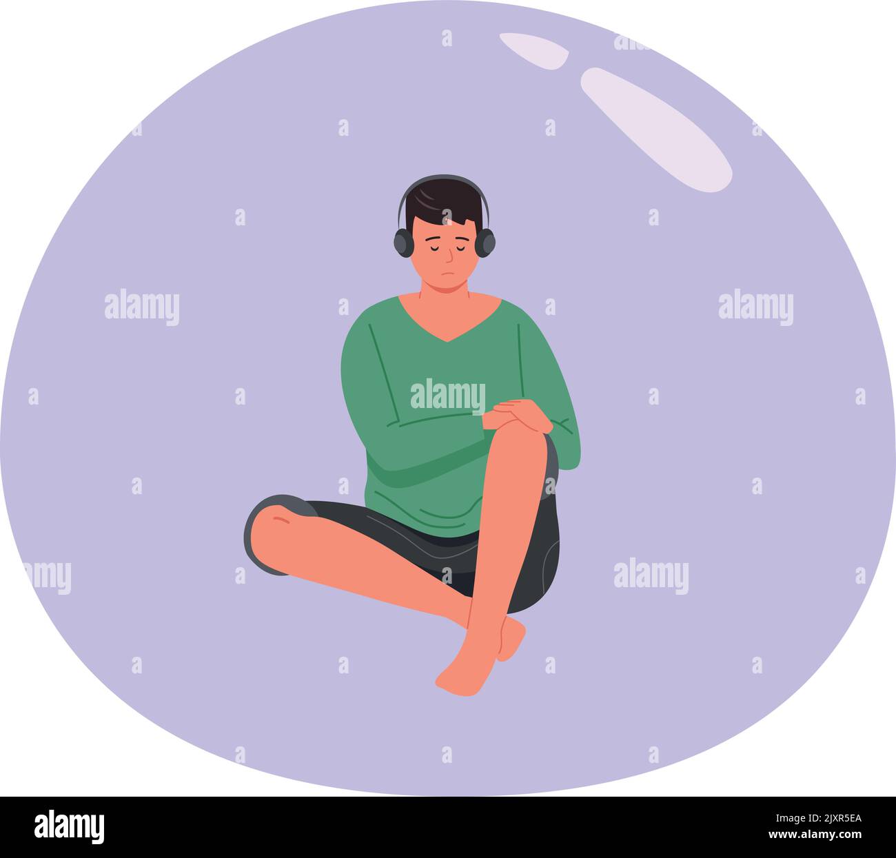 Man sit in bubble. Safe space concept. Introvert character isolated on ...