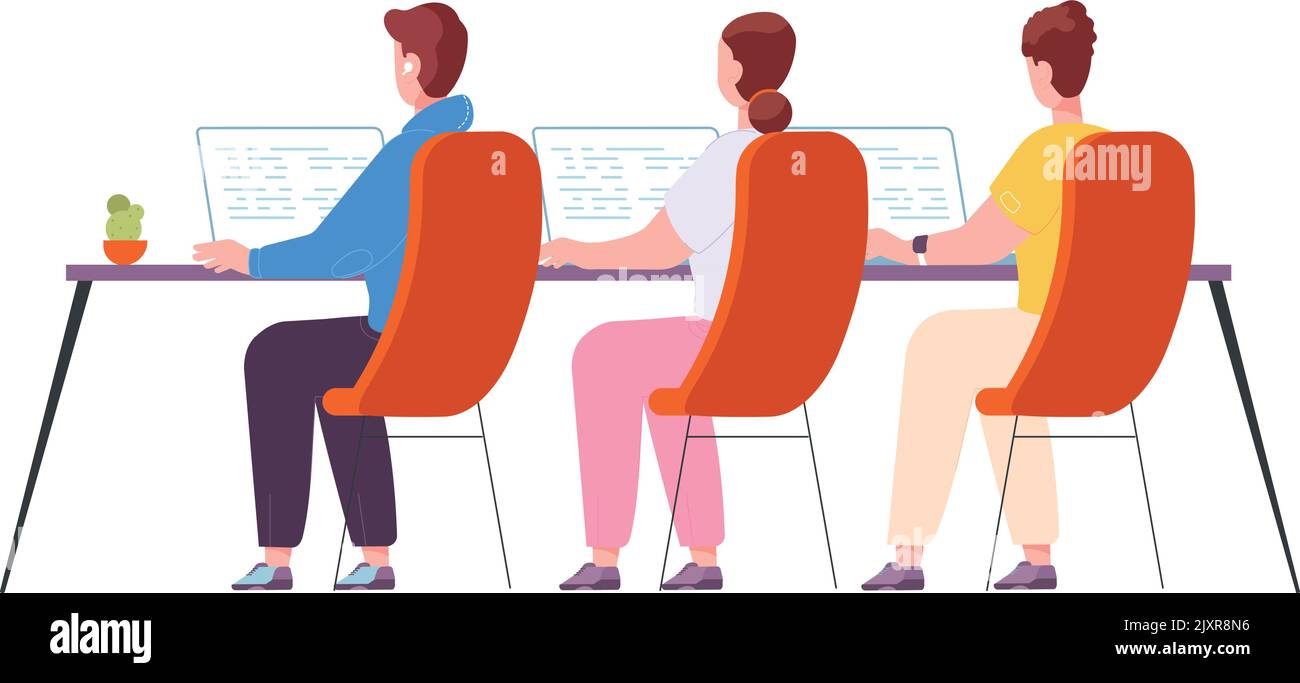 Programmers working at computer desk back view. Teamwork workplace isolated on white background ...