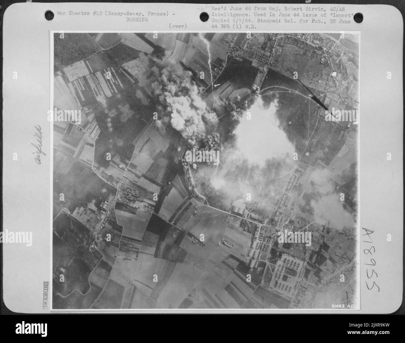 Nancy-Essey, France-during bombing. Hits fall in south hangar area ...