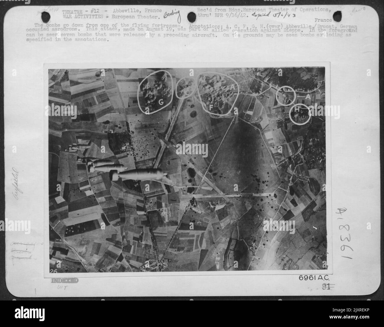 No. 1 The bombs go down from one of the Flying Fortresses. Annotations ...