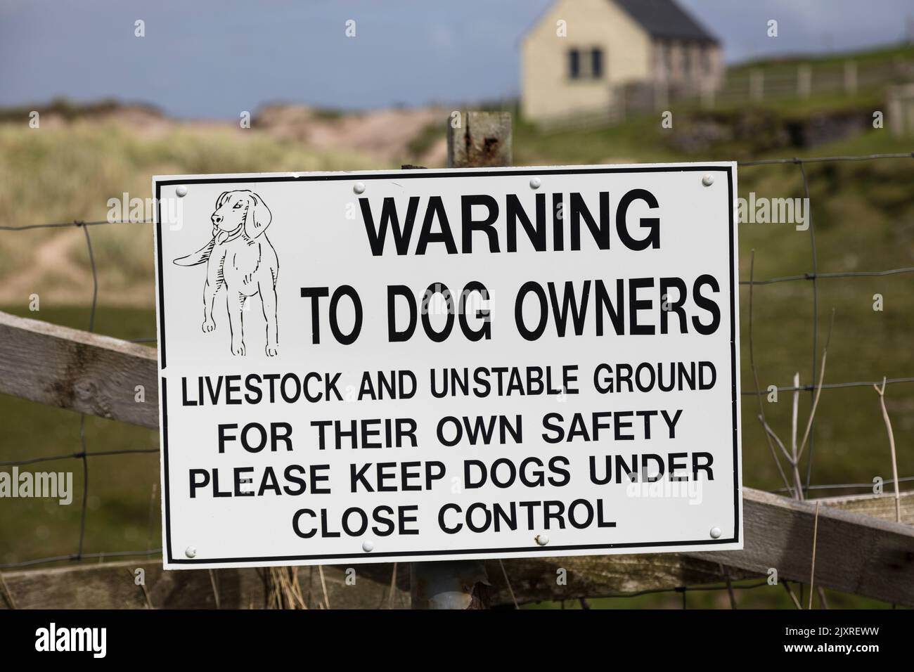 Warning sign to dog owners of unstable ground, Scotland Stock Photo - Alamy
