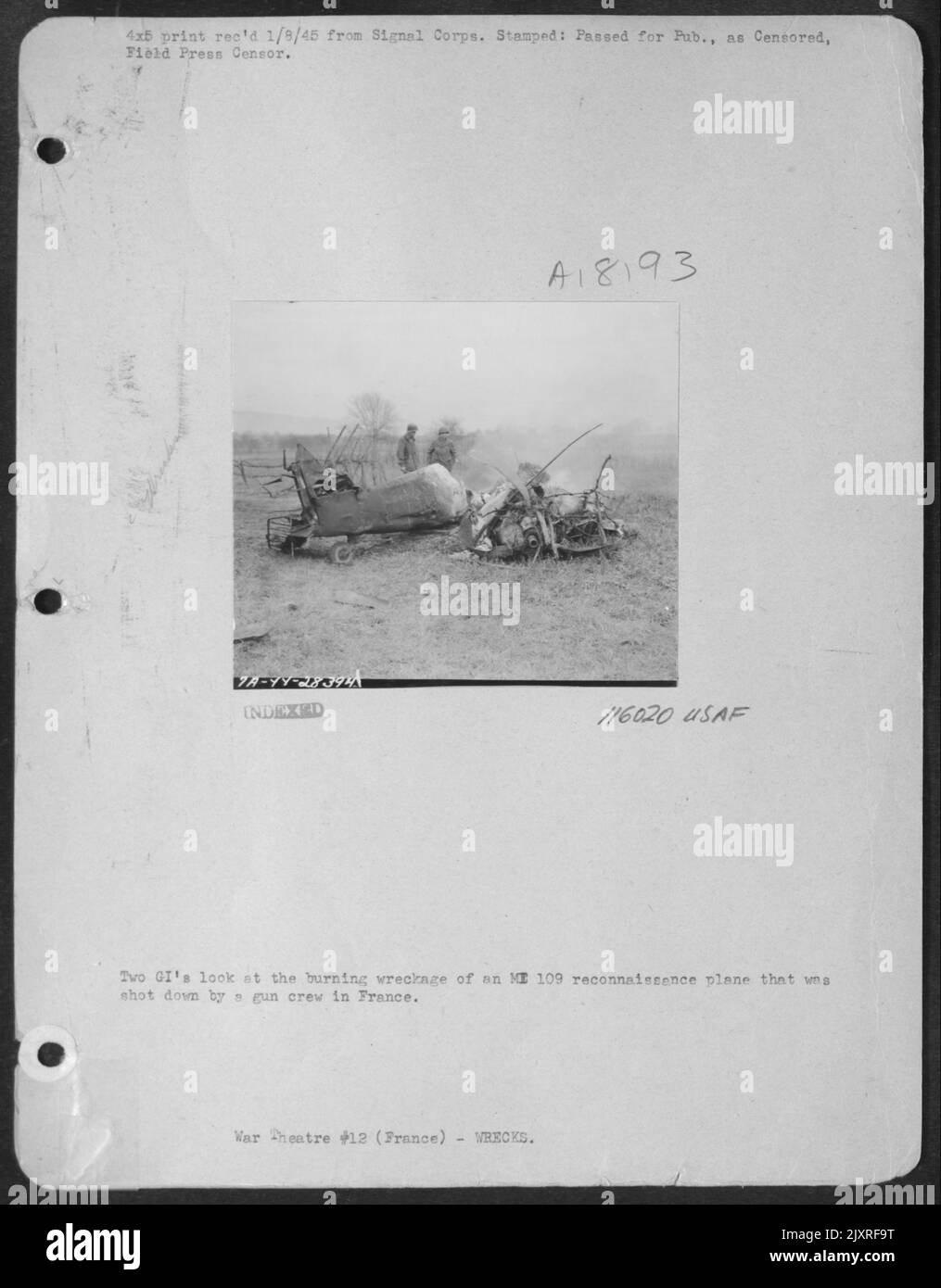 Two Gi'S Look At The Burning Wreckage Of An Me-109 Reconnaissance Plane ...