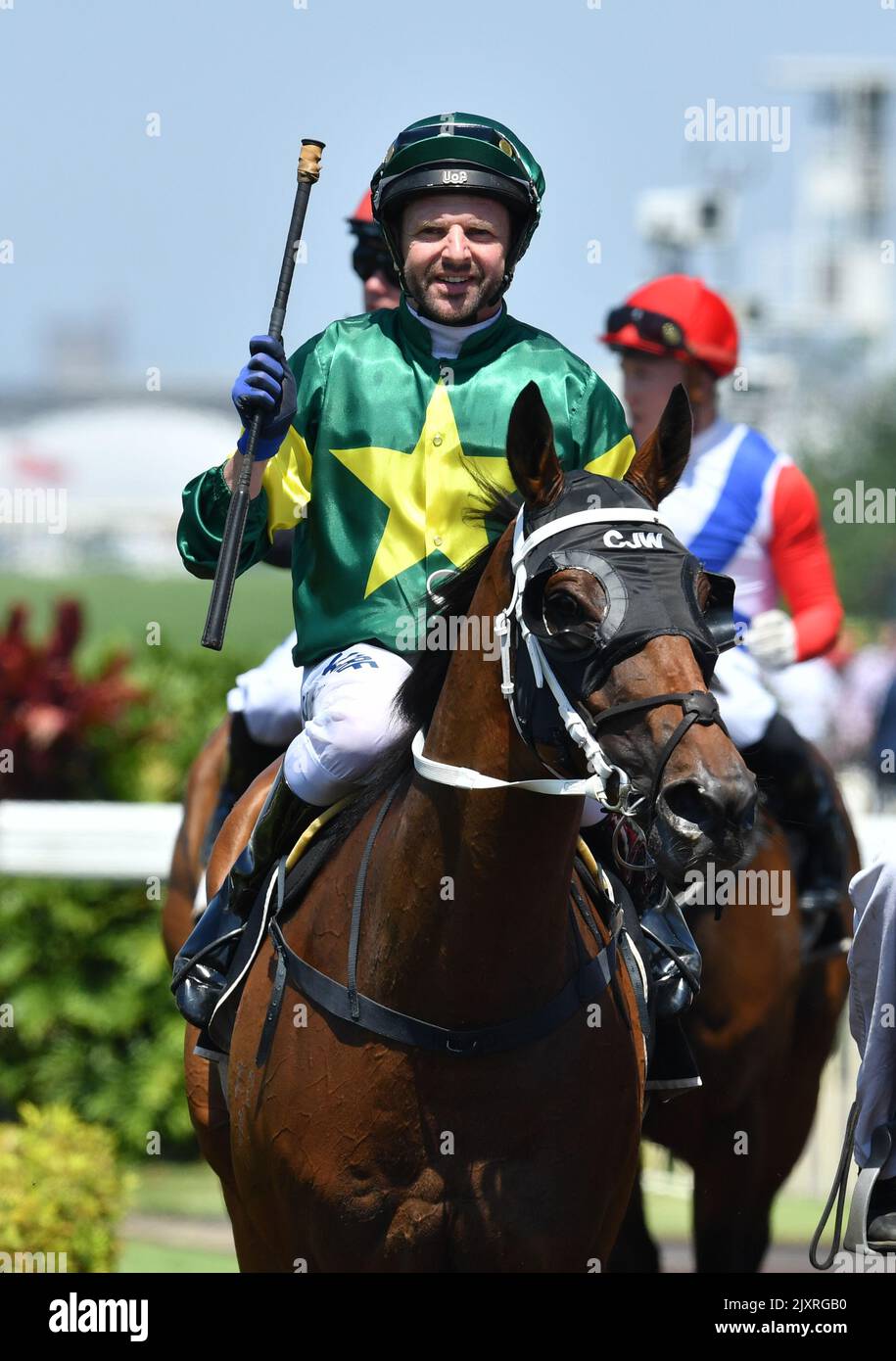 Jockey Larry Cassidy is seen celebrating after riding Estikhraaj to ...