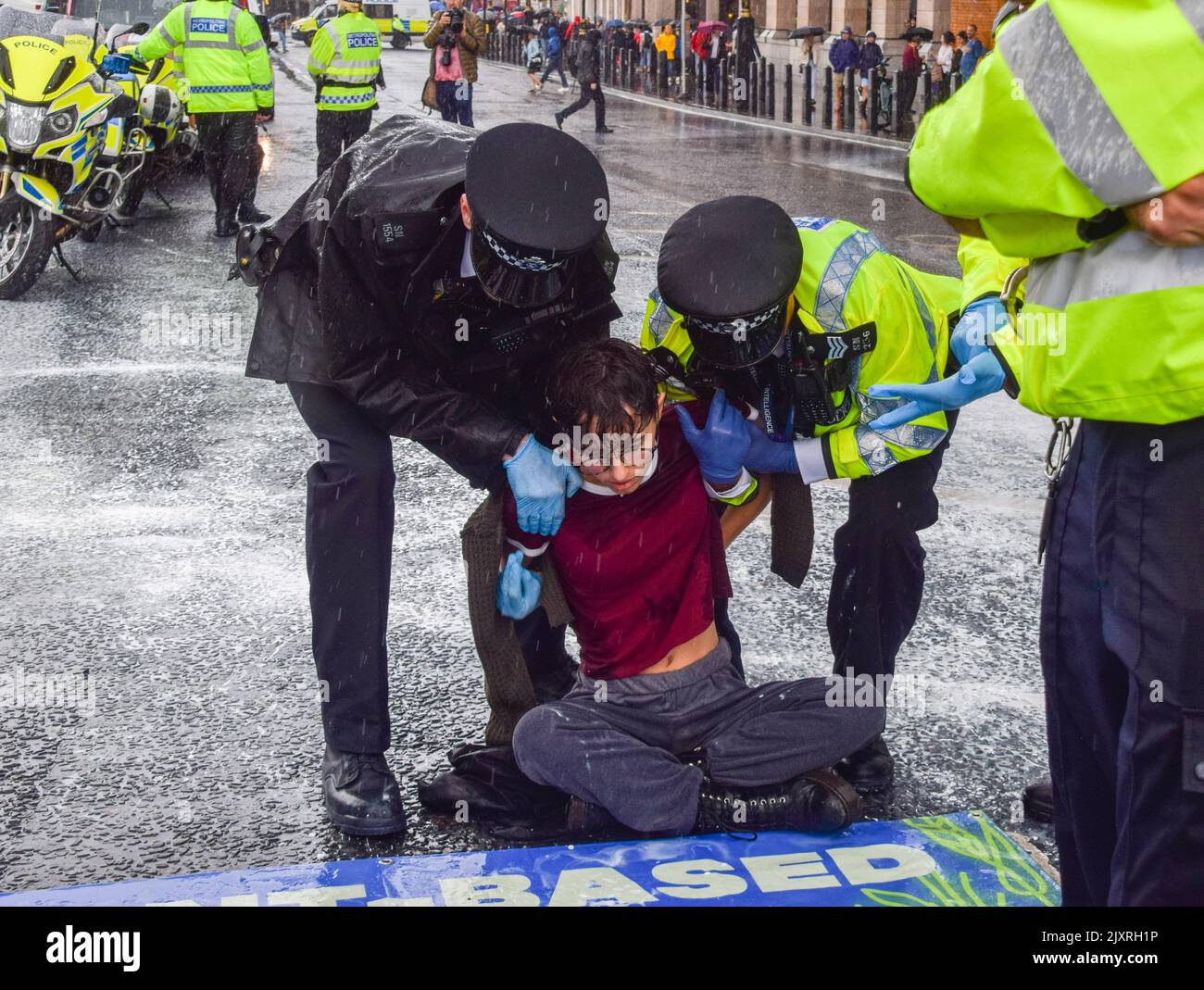 London, UK. 7th Sep, 2022. Police arrest an activist. Animal Rebellion ...