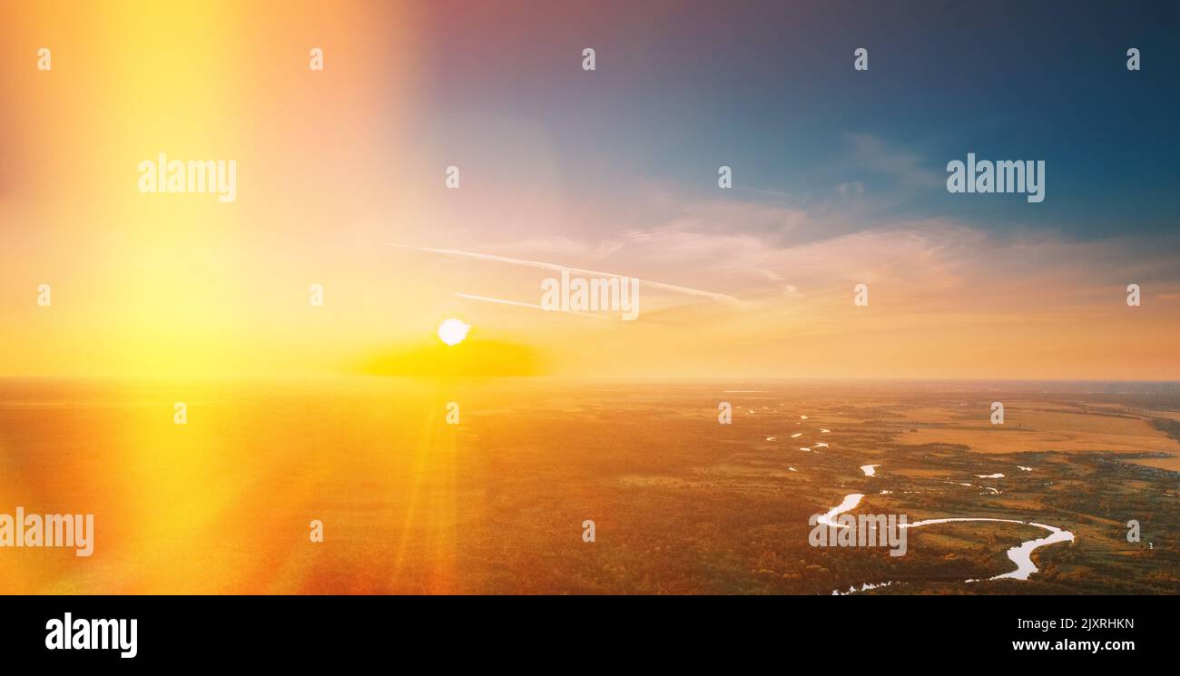 Autumn Sunshine Above Town Cityscape Skyline In Autumn Evening. Aerial ...
