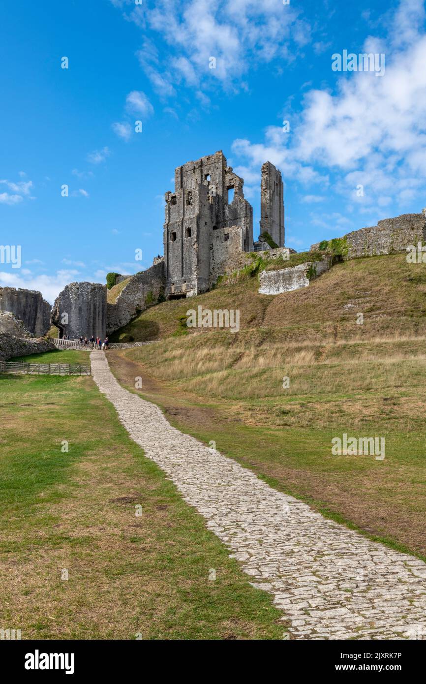 the ruins of corfe castle on the isle of purbeck in dorset uk, historic ...