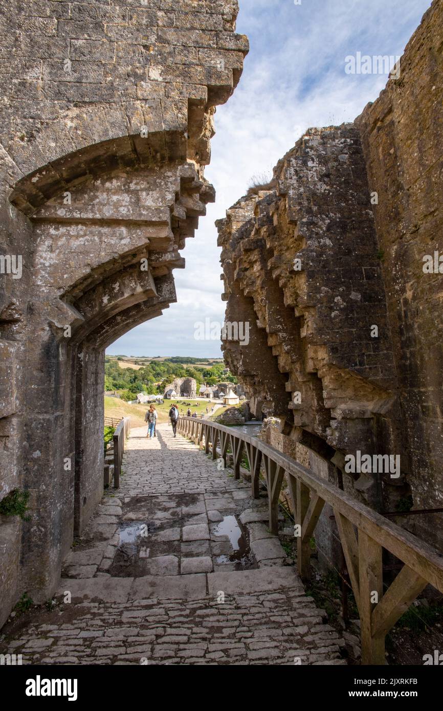 the ruins of corfe castle on the isle of purbeck in dorset uk, historic ...