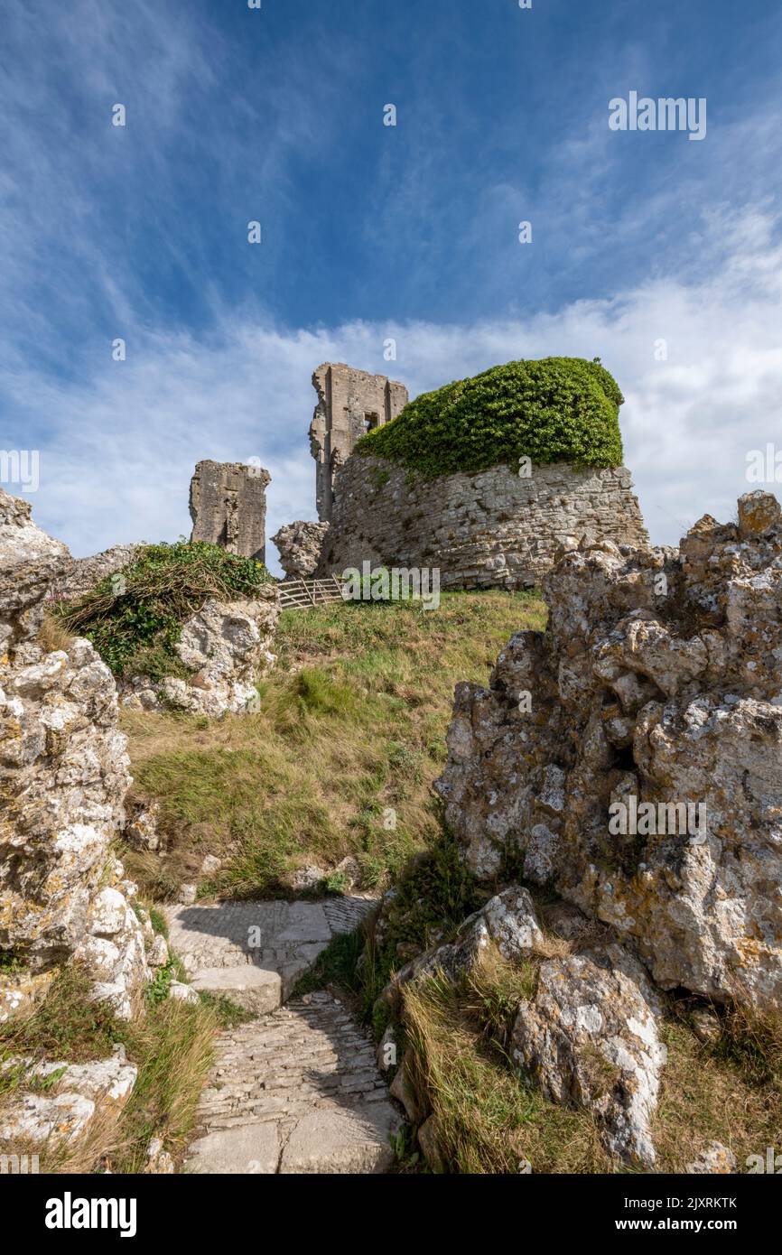 ruins of corfe castle on the isle of purbeck in dorset uk, historic ...