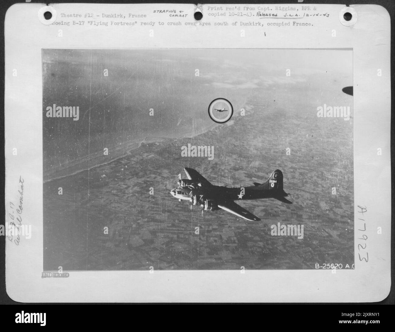Boeing B-17 "Flying Fortress" ready to crash over area south of Dunkirk ...