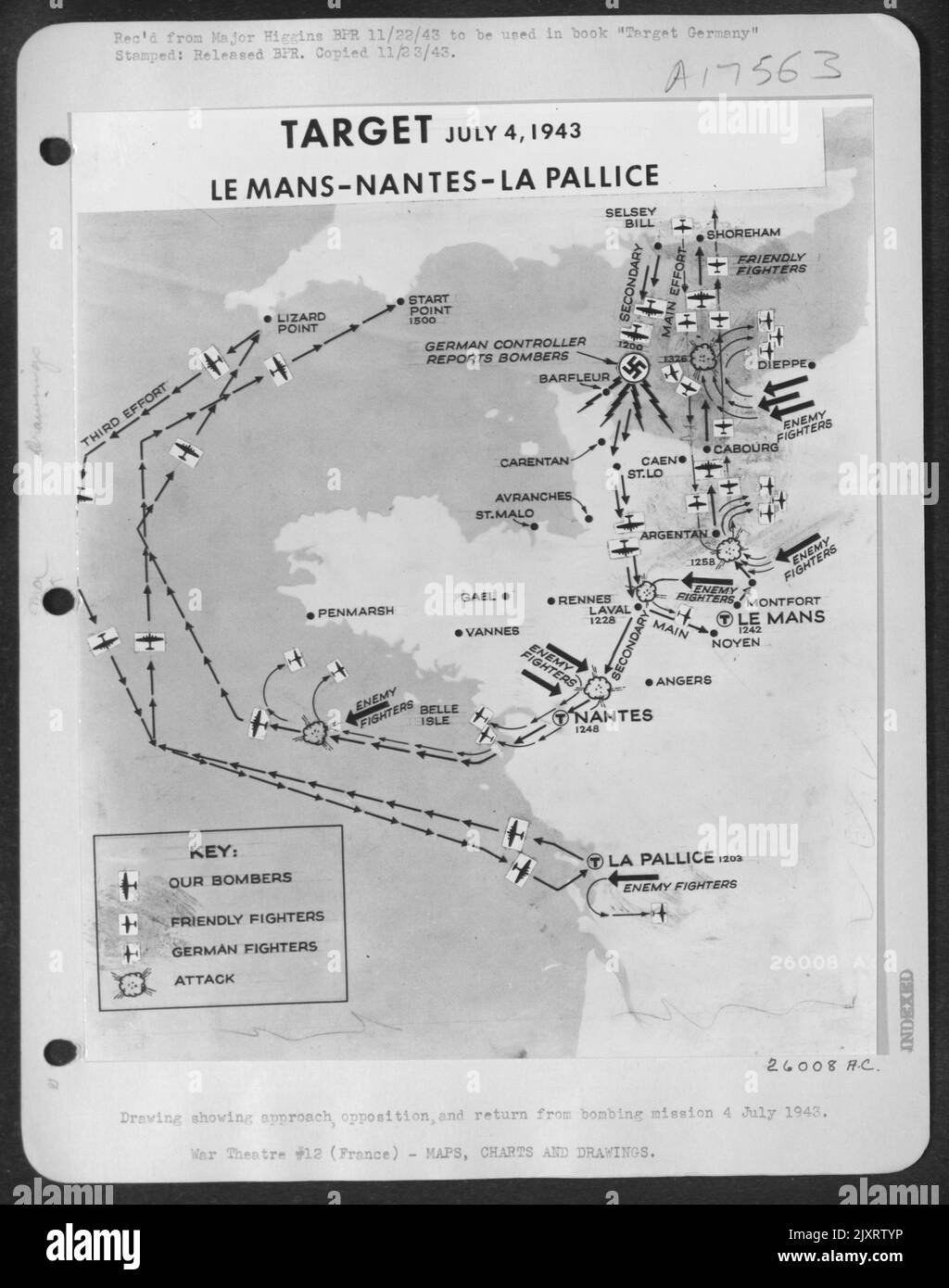 Drawing showing approach, opposition, and return from bombing mission 4 ...