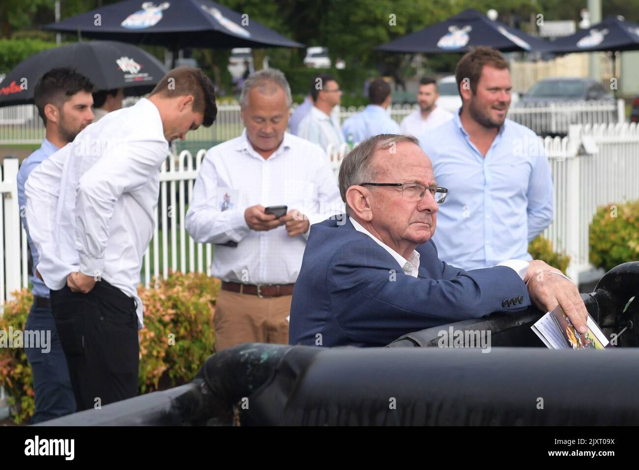 Trainer Ron Quinton is seen in the mounting yard during Kia Friday ...