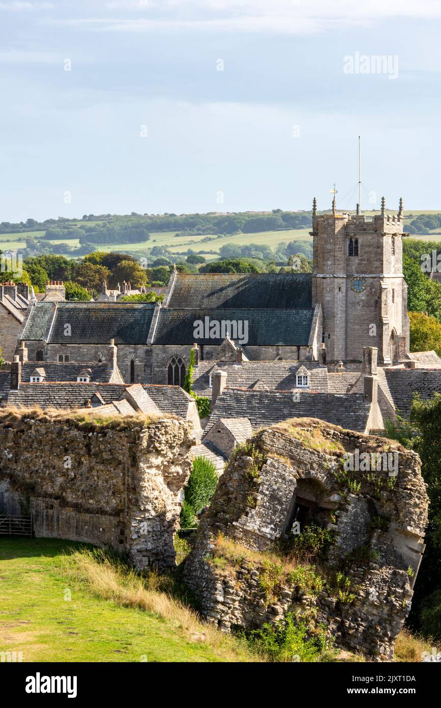 historic church and castle at corfe castle in dorset on the isle of ...