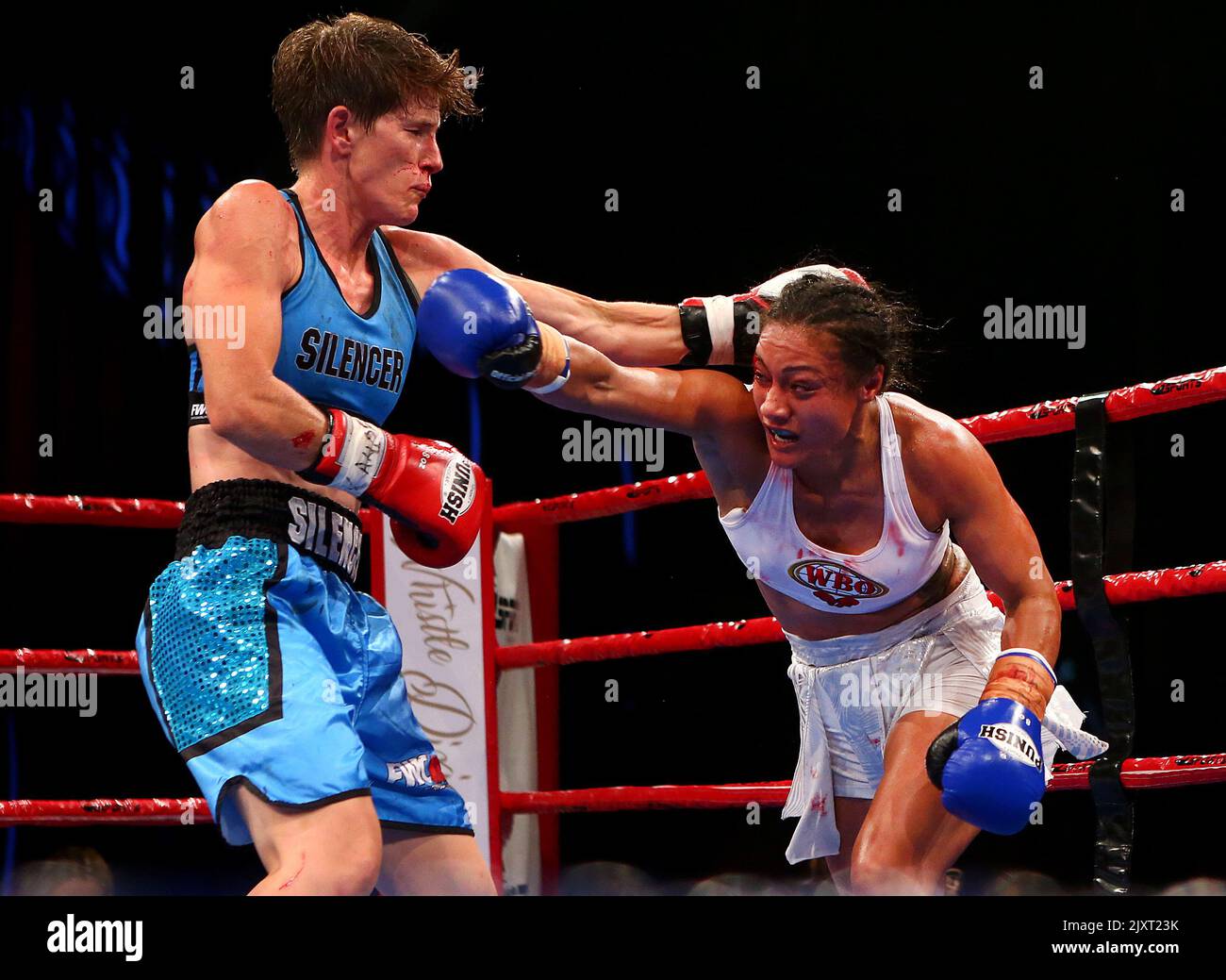 Boxers Baby Nansen (right) and Deanha Hobbs in action during the All Or ...