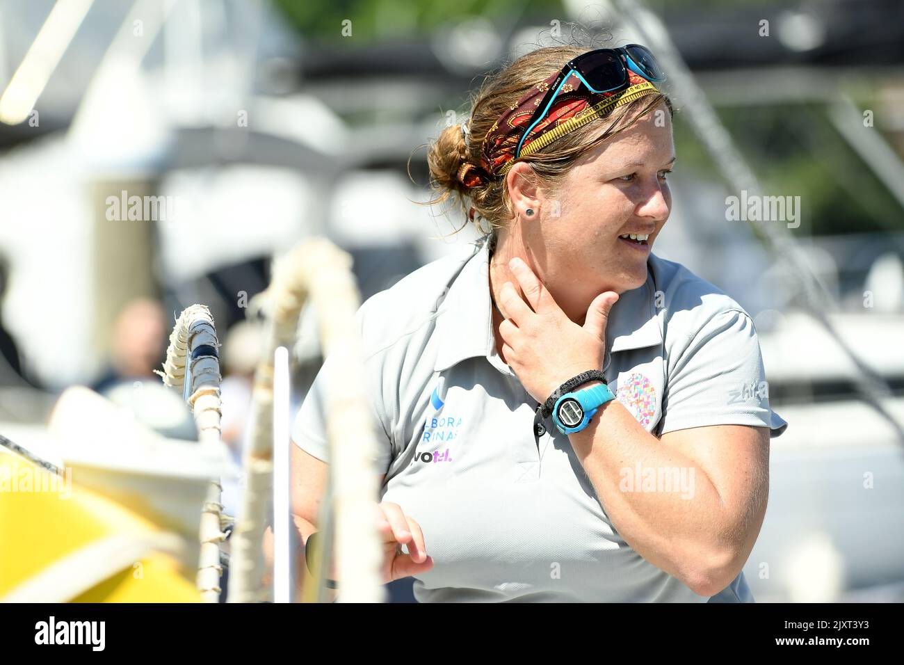 Australian sailor Lisa Blair arrives on her yacht Climate Action Now at ...
